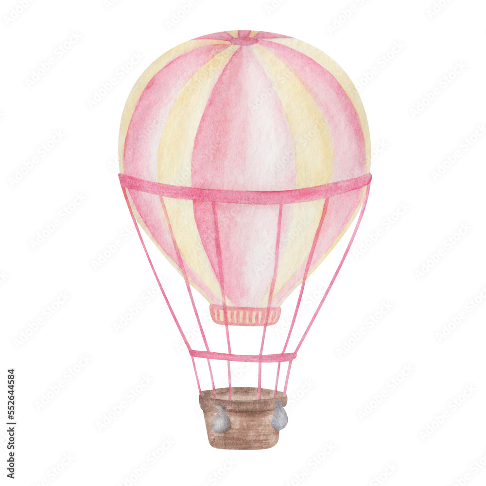 Watercolor illustration of hand painted hot air balloon in yellow, pink ...