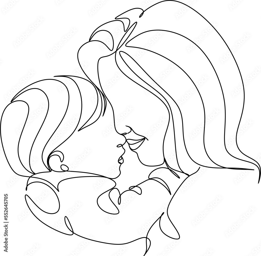 Abstract mother with a child in continuous one line drawing art style ...