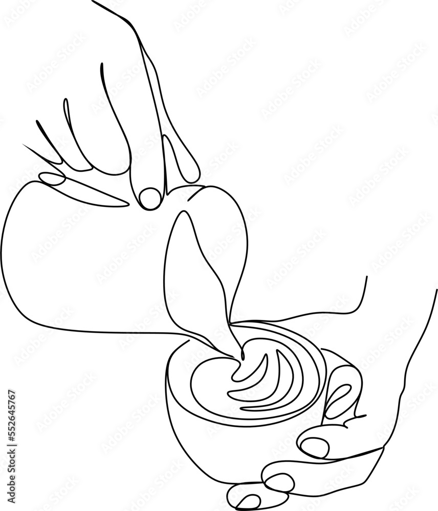 Set of line art of barista pouring milk to coffee. Line Continue ...