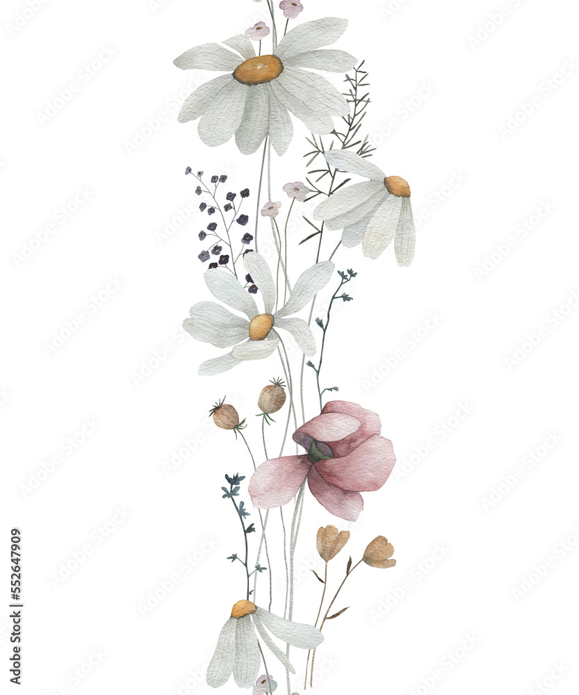 Watercolor vertical seamless pattern with delicate flowers. Hand drawn ...