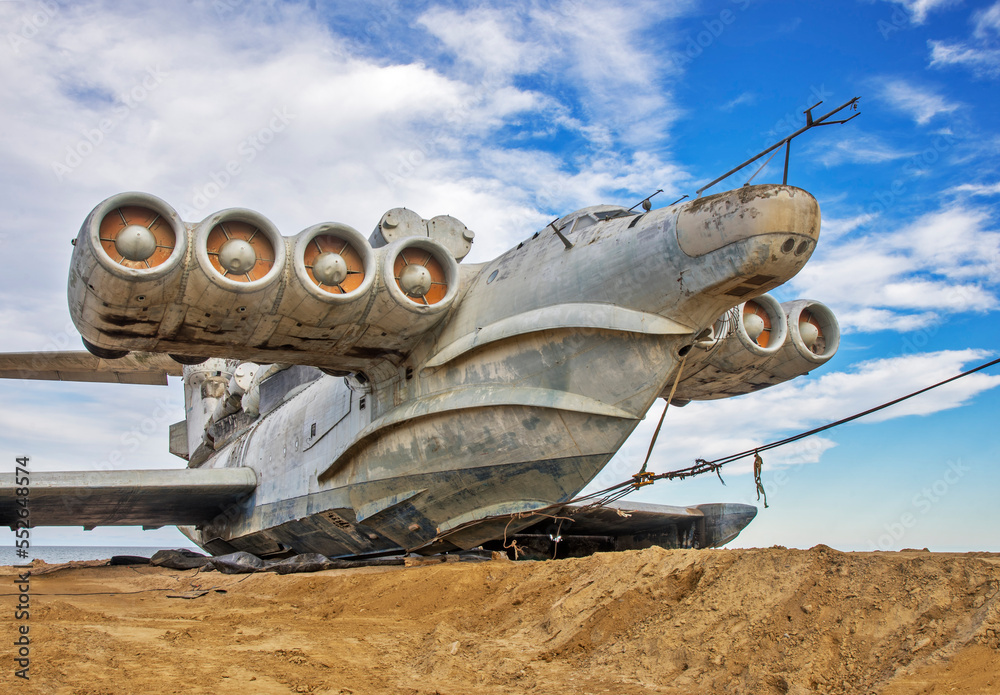 Lun-class ekranoplan (Caspian Sea Monster) at Arablyar village on shore ...