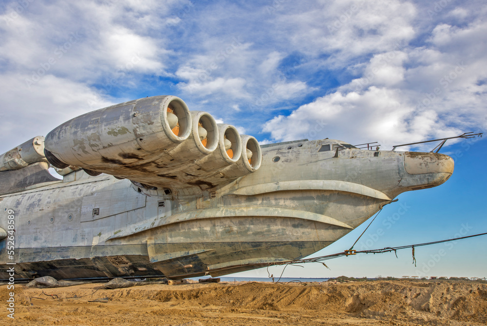 Lun-class ekranoplan (Caspian Sea Monster) at Arablyar village on shore ...