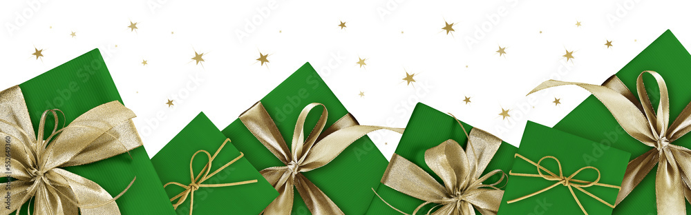 green gift boxes with bright golden ribbon bow isolated on transparent ...