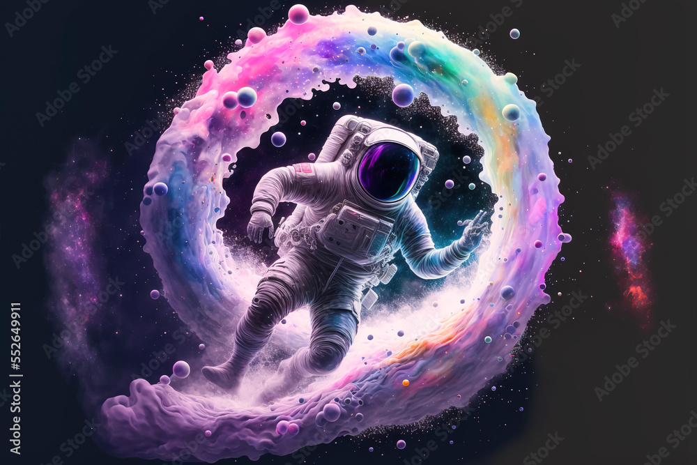 Beautiful painting of an astronaut in in a colorful bubbles galaxy on a ...
