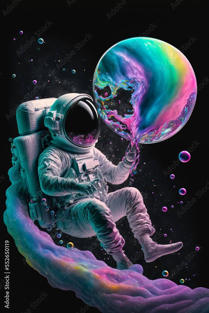 Beautiful painting of an astronaut in in a colorful bubbles galaxy on a ...