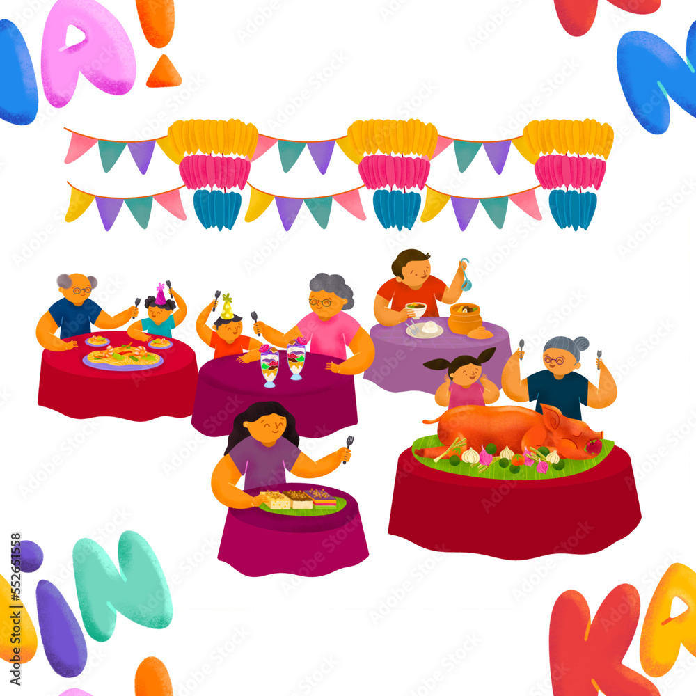 Filipino fiesta scene pattern with people eating, banderitas and kiping ...