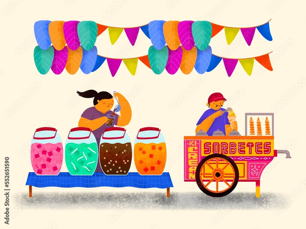 Filipino fiesta scene with samalamig vendor and sorbetes cart vendor ... Filipino fiesta scene with samalamig vendor and sorbetes cart vendor ...