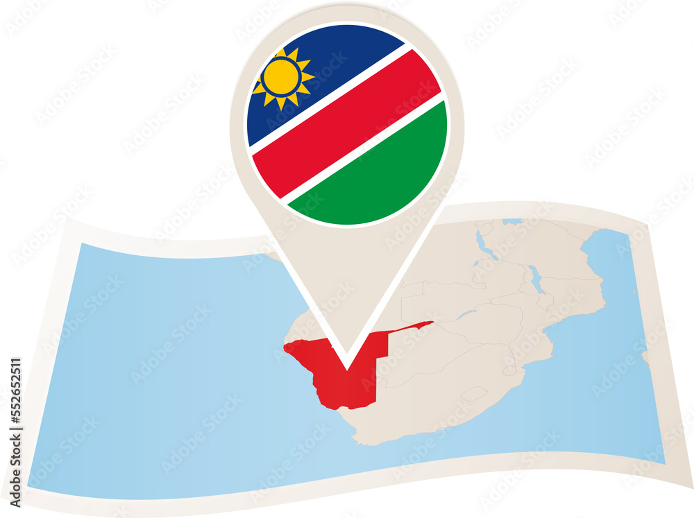 Folded paper map of Namibia with flag pin of Namibia. Stock ...