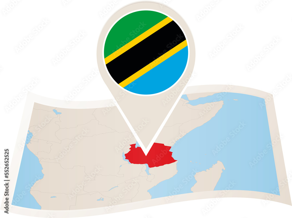Folded paper map of Tanzania with flag pin of Tanzania. Stock ...