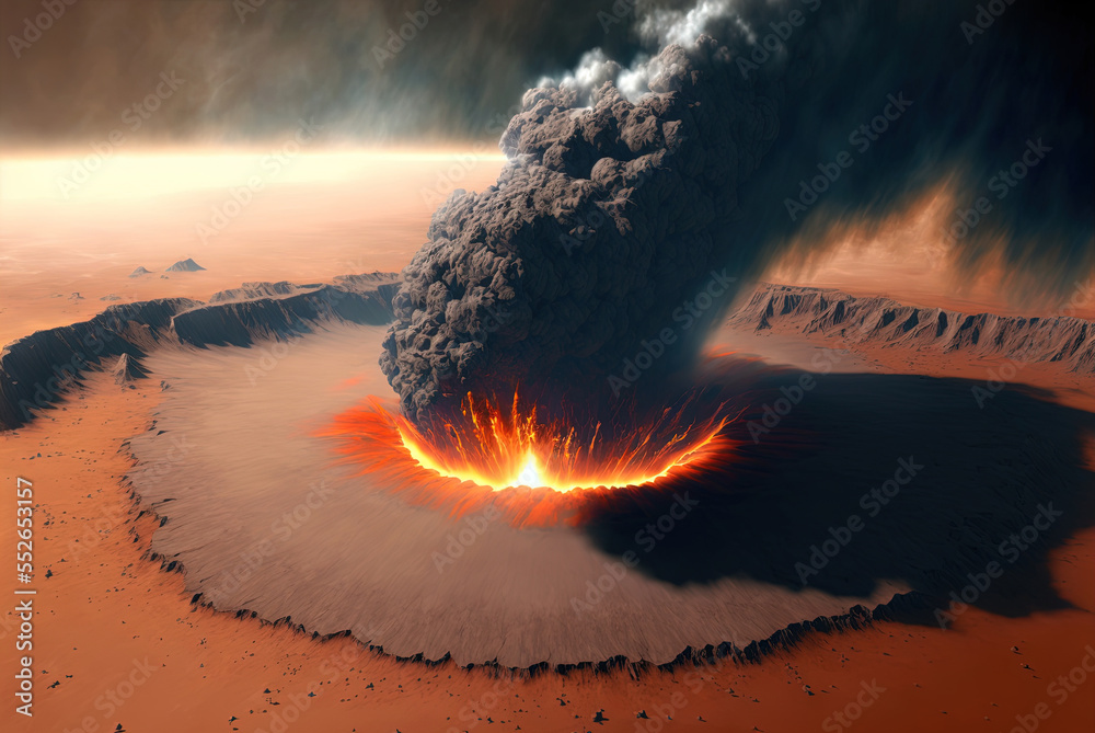 Eruption of a huge Martian volcano in the crater, the lava fills an ...