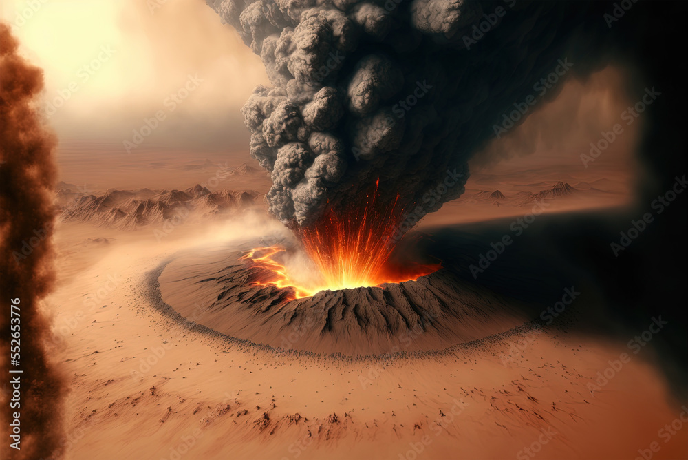Volcanic eruption on Mars, the strongest ejection of lava flows, aerial ...