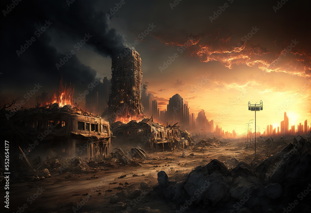 Atomic bomb in city. Aerial view. Symbol of nuclear war, end of world ...