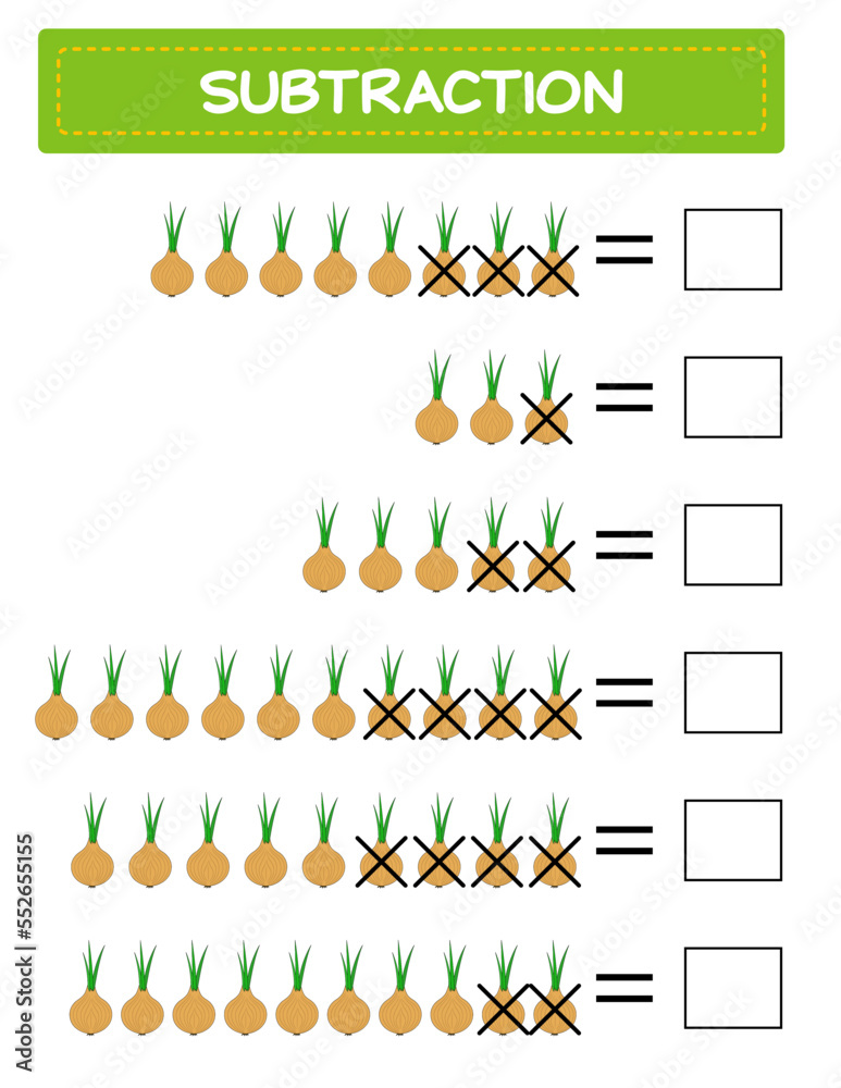 Subtraction. Math worksheet for kids. Developing numeracy skills. Solve ...