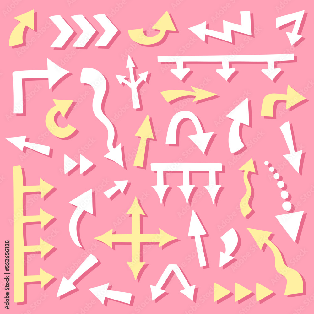 Big set of 32 hand drawn cute arrows different shape on pink background ...