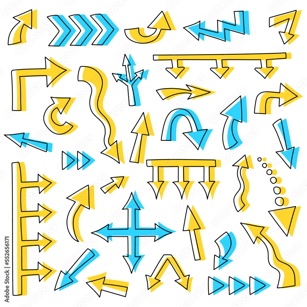 Big set of 32 hand drawn outline arrows different shape. Yellow and ...