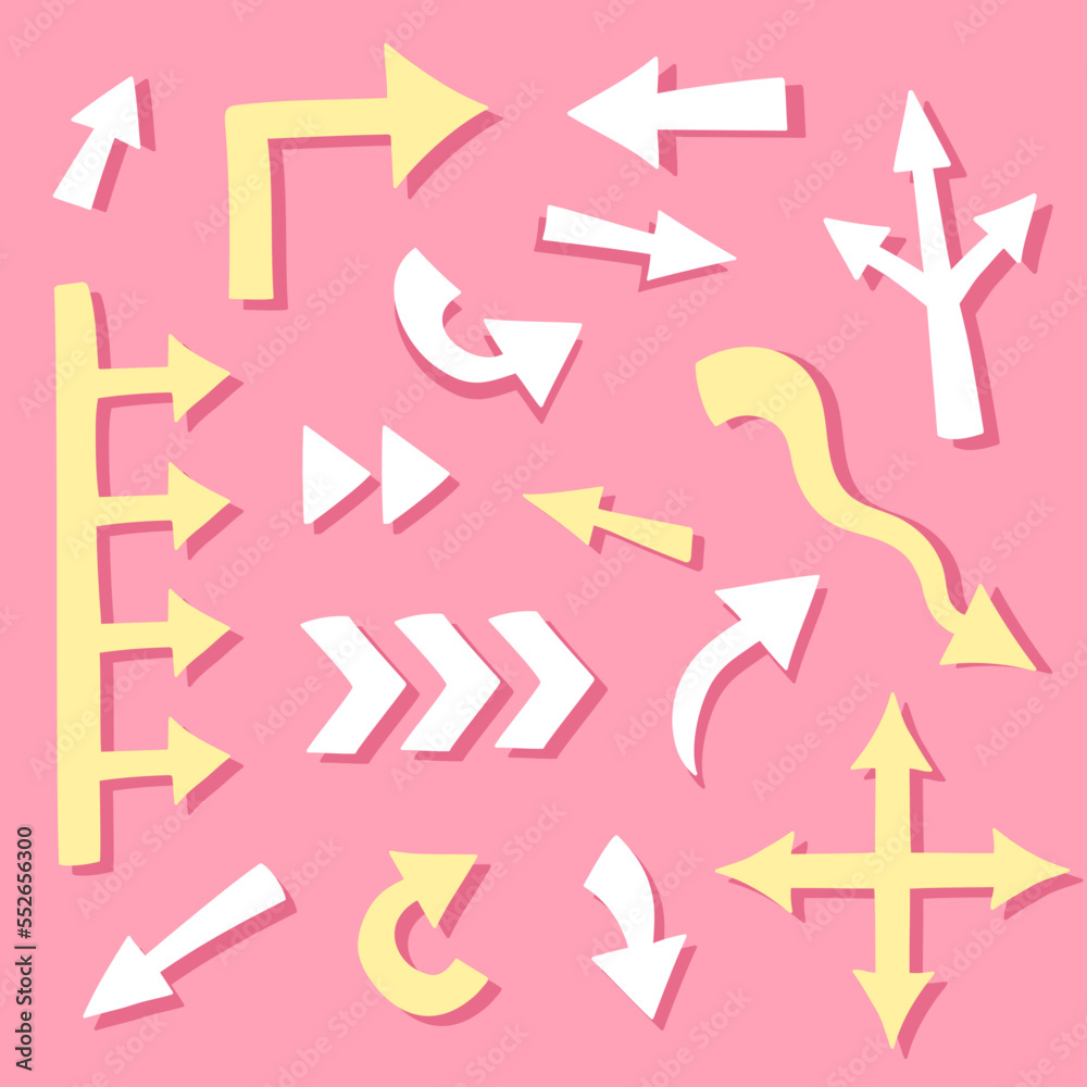 Collection of hand drawn cute arrows different shape on pink background ...
