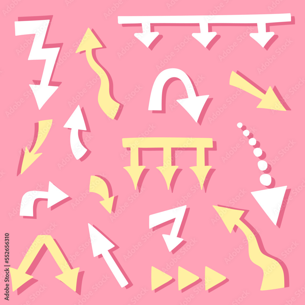 Collection of hand drawn cute arrows different shape on pink background ...