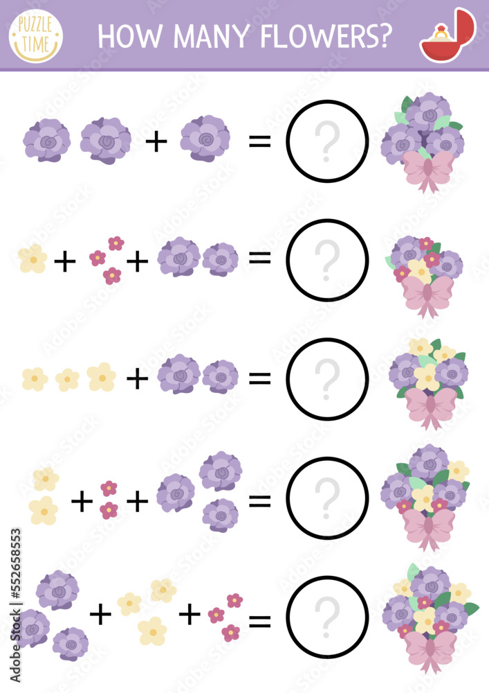 How many flowers game with cute bouquets. Wedding math addition ...