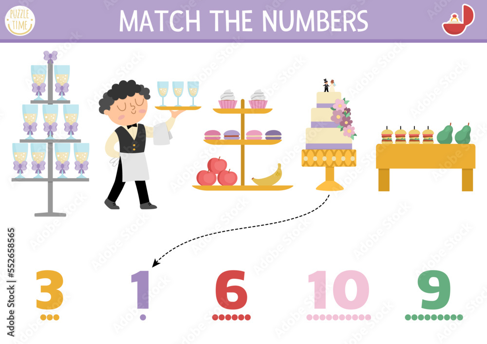 Match the numbers wedding game with waiter and candy bar food. Marriage ...