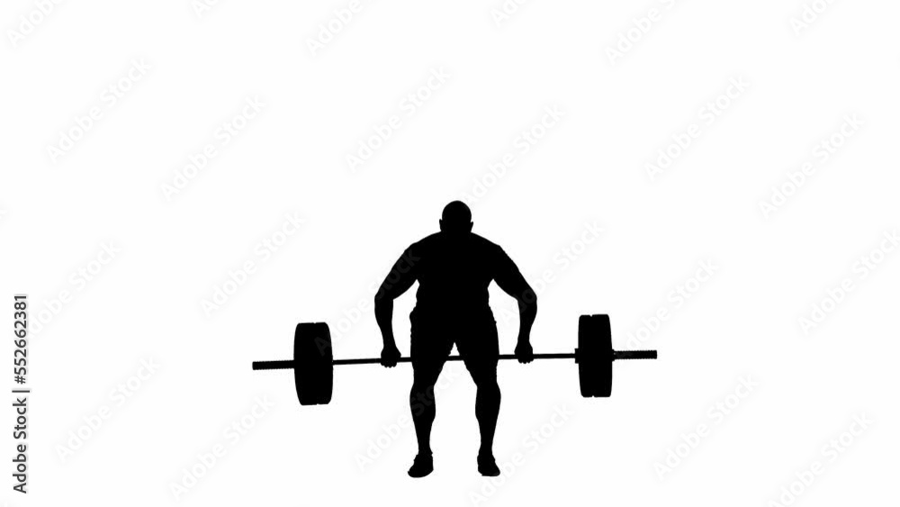 Black silhouette of muscular man lifting heavy barbell with round black ...