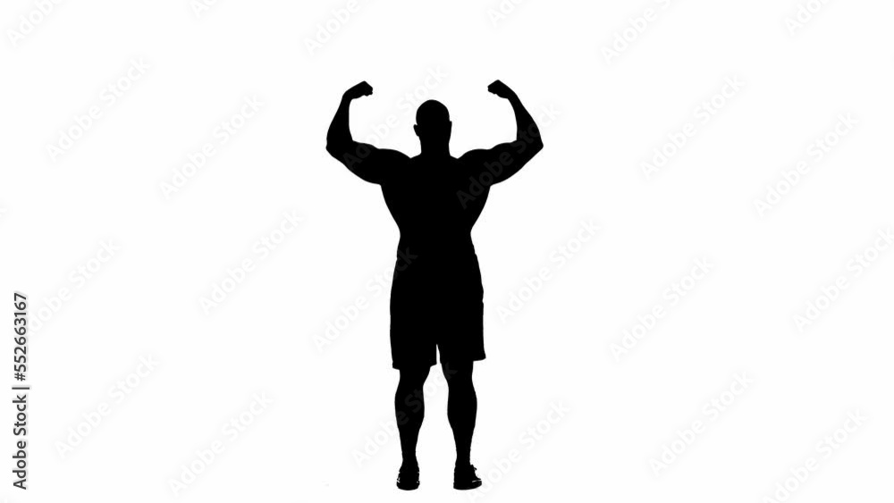 Black silhouette of a muscular man raising his arms up and ...