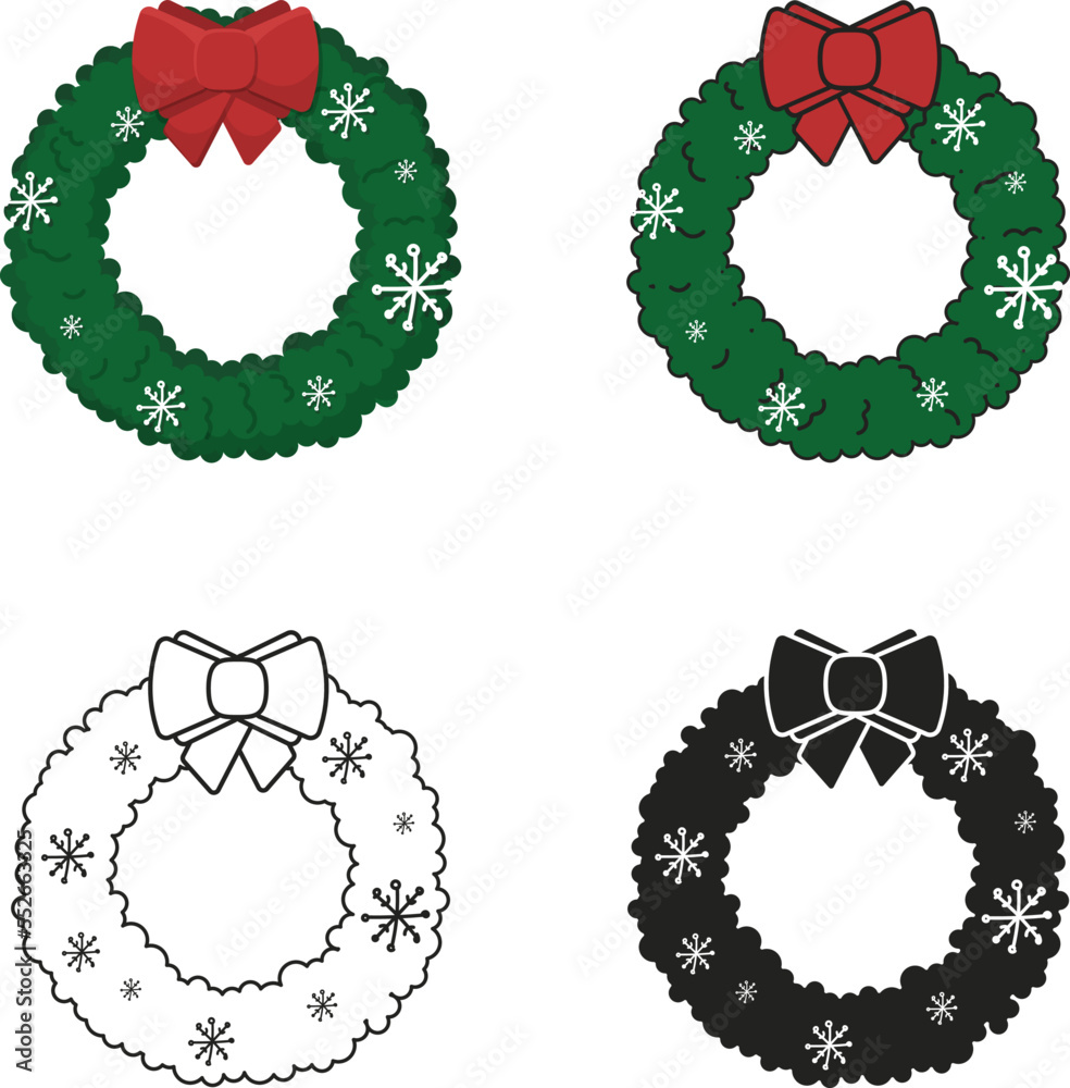 cartoon Christmas wreath illustration in flat style, line art ...