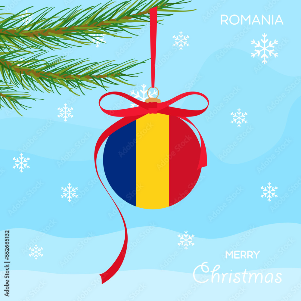 Christmas ball with the Romania flag, decorates the Christmas tree ...