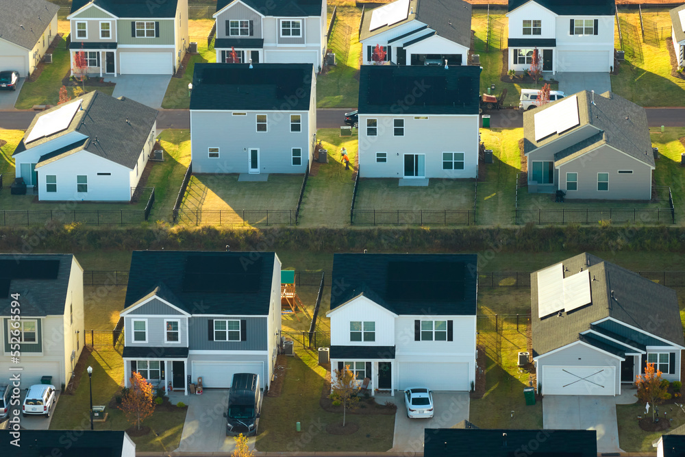 View from above of densely built residential houses in living area in ...