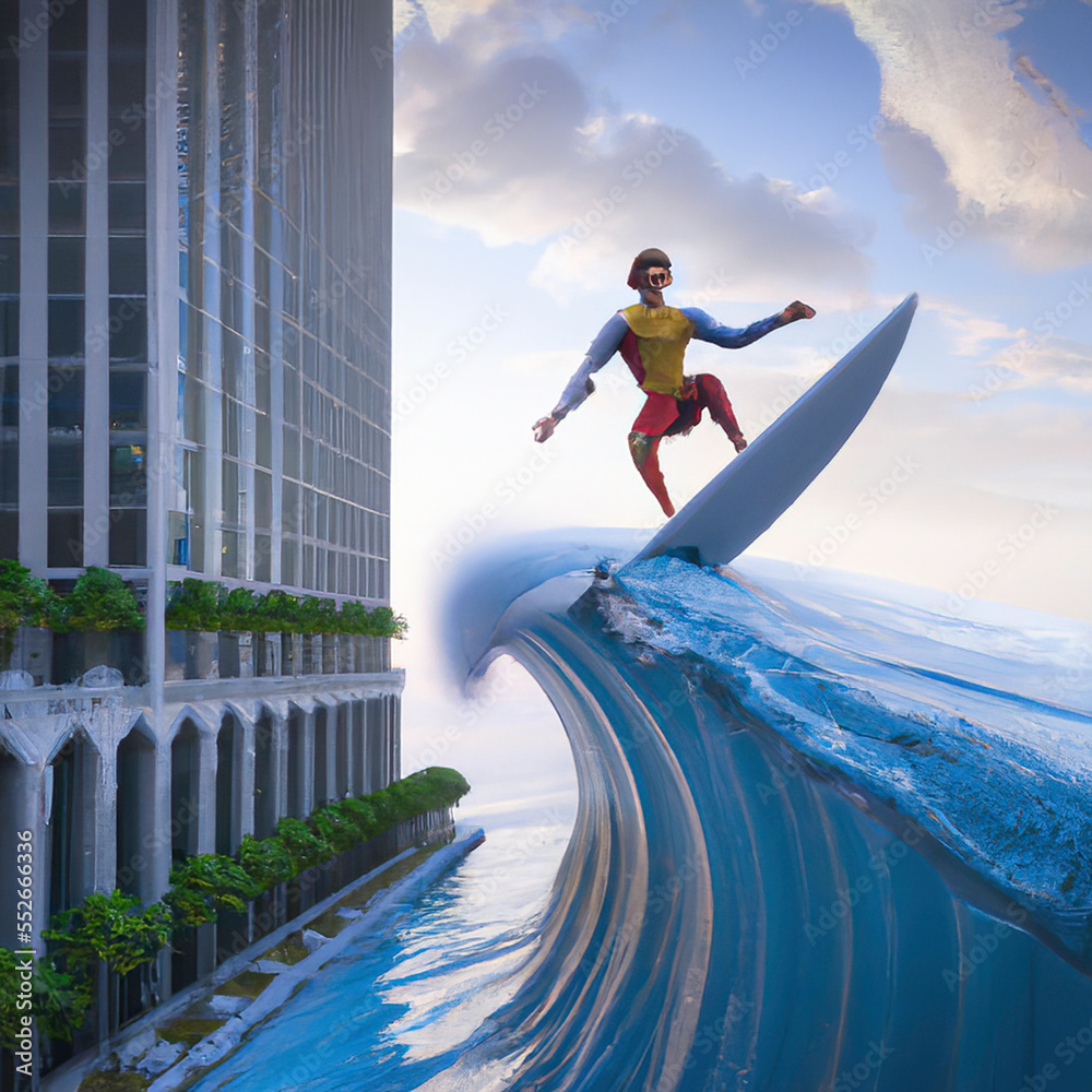 Surfer riding a wave about to break against a skyscraper. Generative AI ...