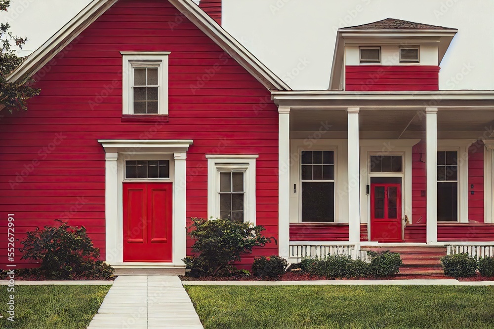 Beautiful bright red country mansion with well-kept courtyard territory ...