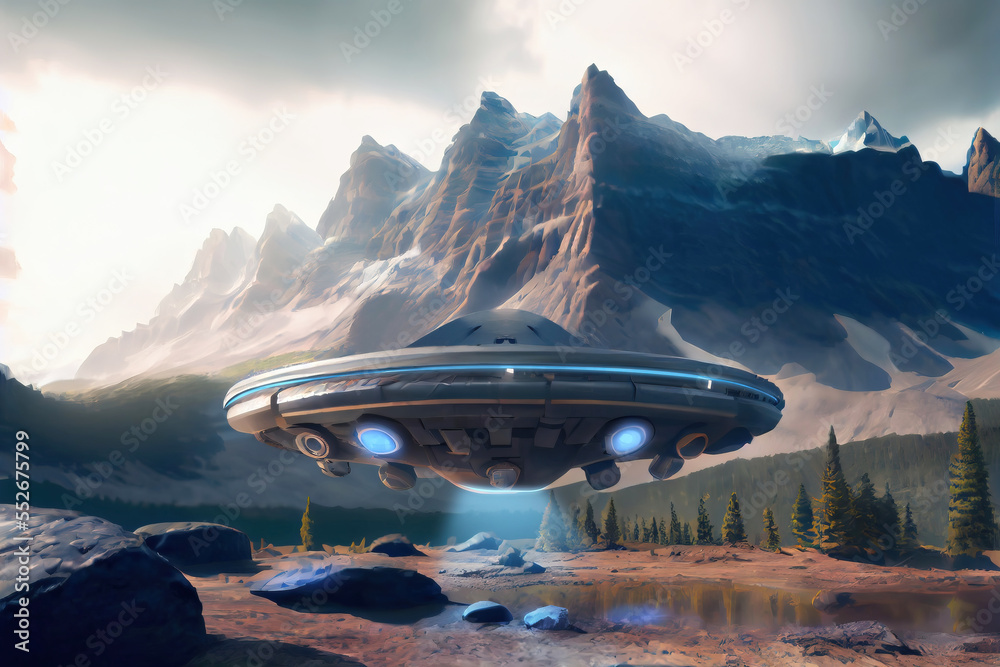 aliens ufo space ship landing in the wilds with glowing details and ...
