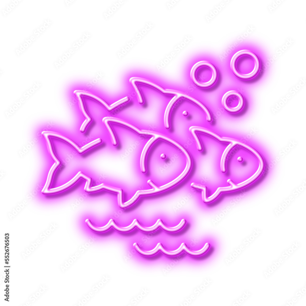 Fish school line icon. Shoal of gill-bearing animals sign. Neon light ...