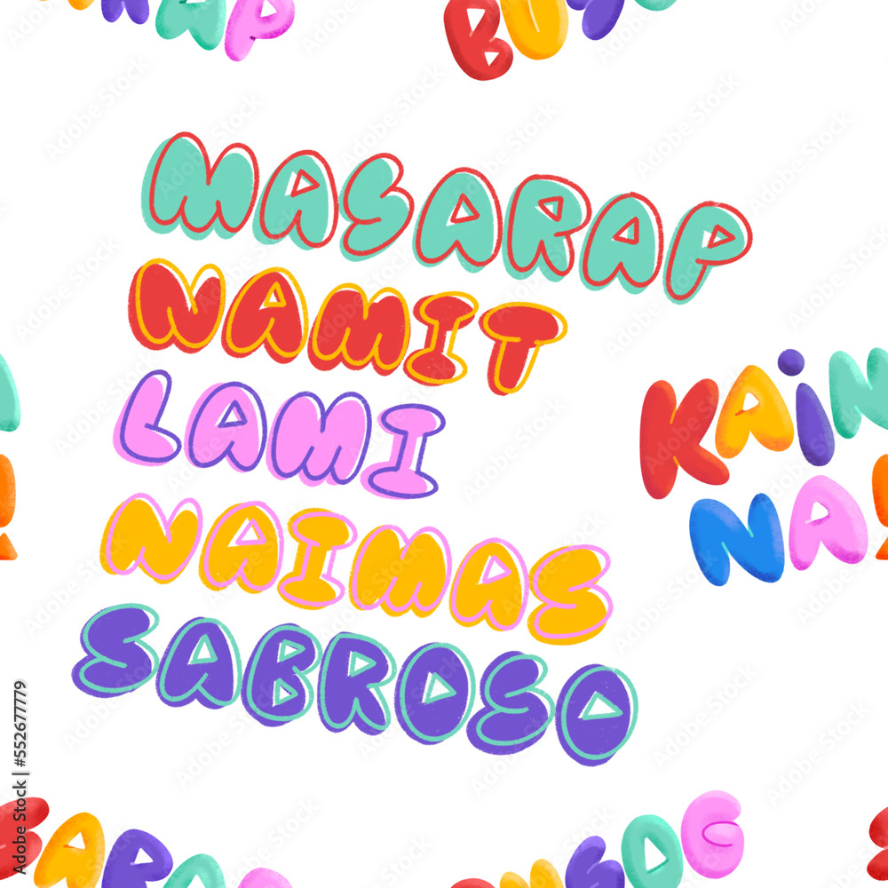 Illustrated lettering pattern in rainbow colors of Filipino words ...