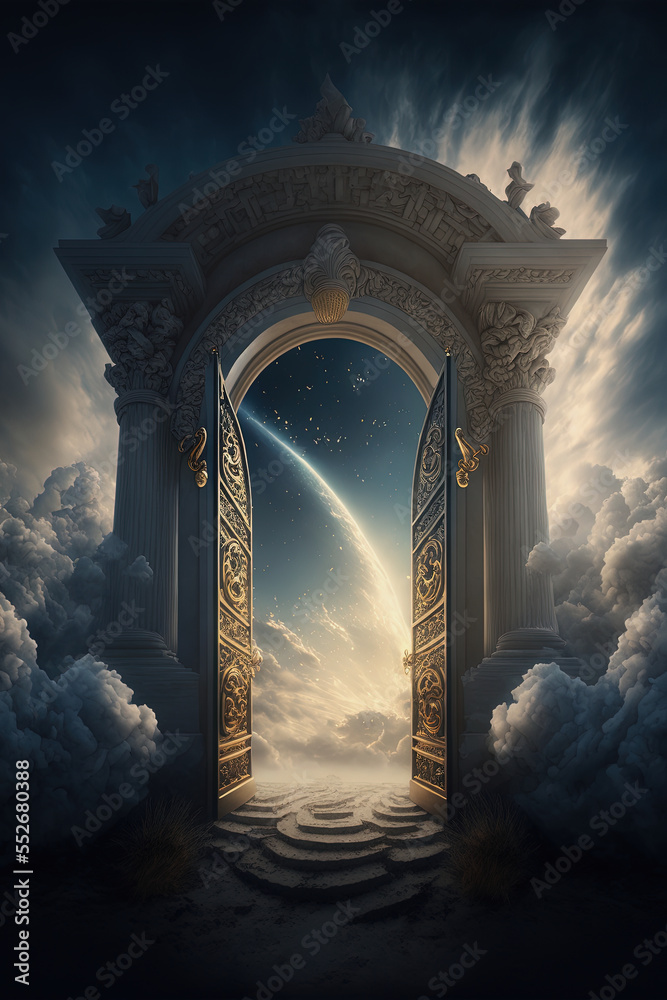 ai generative illustration of a giant gate to heaven with wonderful sky ...