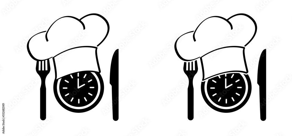 Dinner time, clock. Plate, fork, knife icon. Food symbol for bar, cafe ...