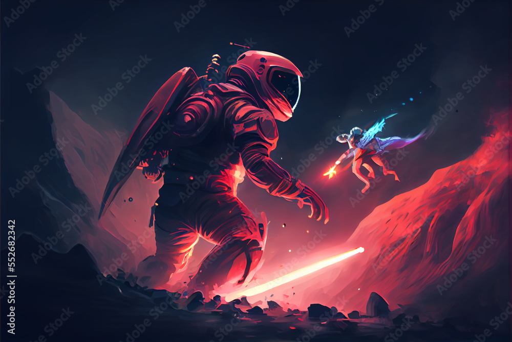 The red astronaut with light sword jumping into battle with the alien ...