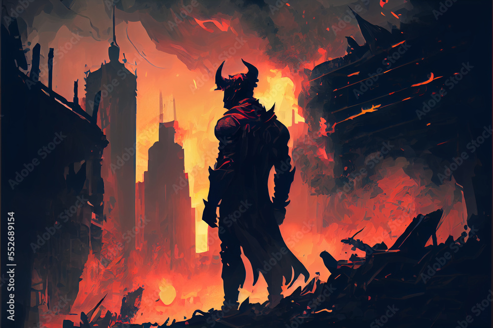 Black devil standing on ruins of building against burning city, digital ...