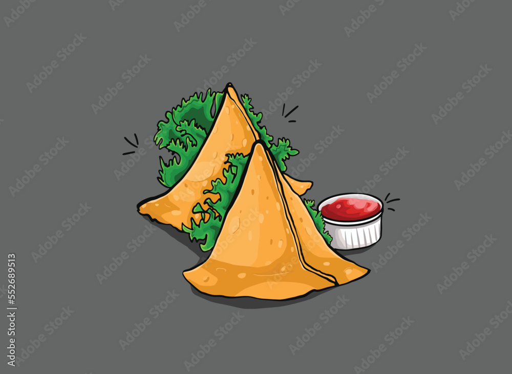 Vector samosa with red sauce in isometric design. A samosa with sauces ...