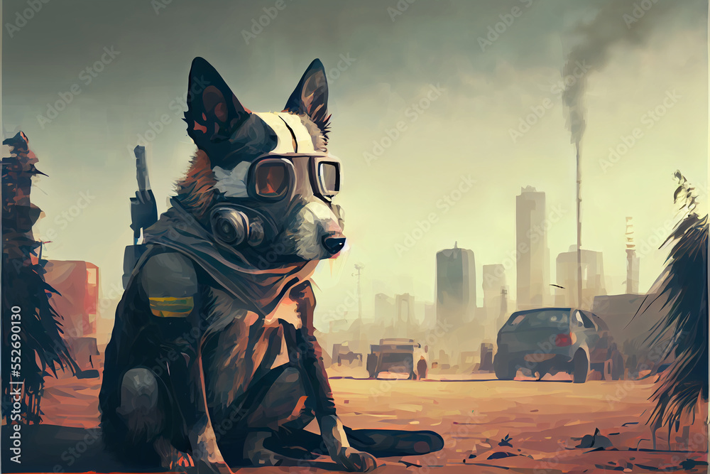 The dog wearing gas mask sitting in city with air pollution, digital ...