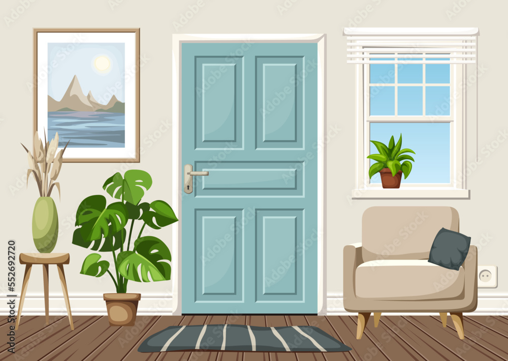 Cozy entrance hall interior design with a blue door, a window, an ...