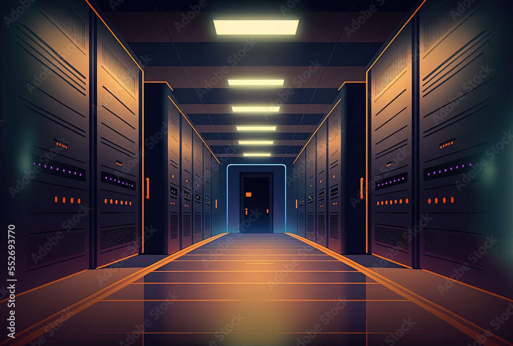 Through the hallway, a server data center room with high speed lights ...