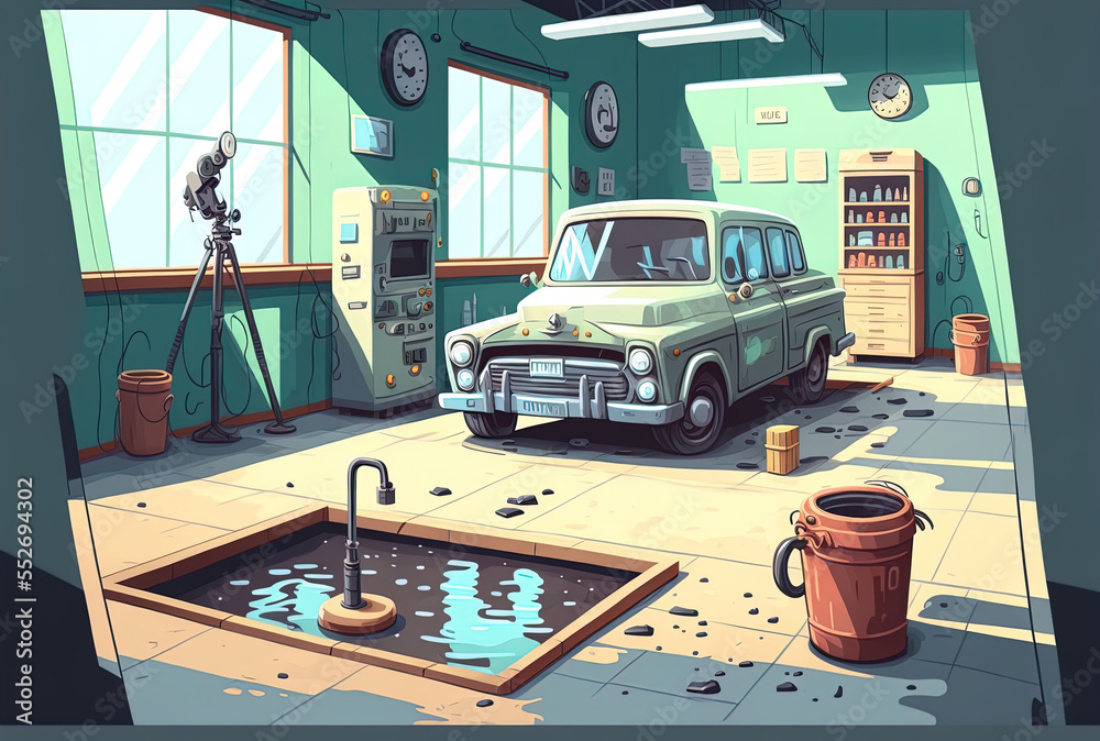 Using mops to remove the water from the epoxy floor, the vehicle ...