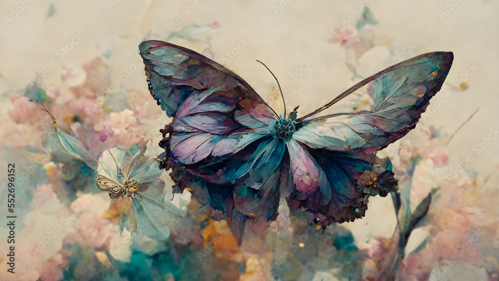 Delicate oil painting of a surreal butterfly with flowers. Pastel tones ...
