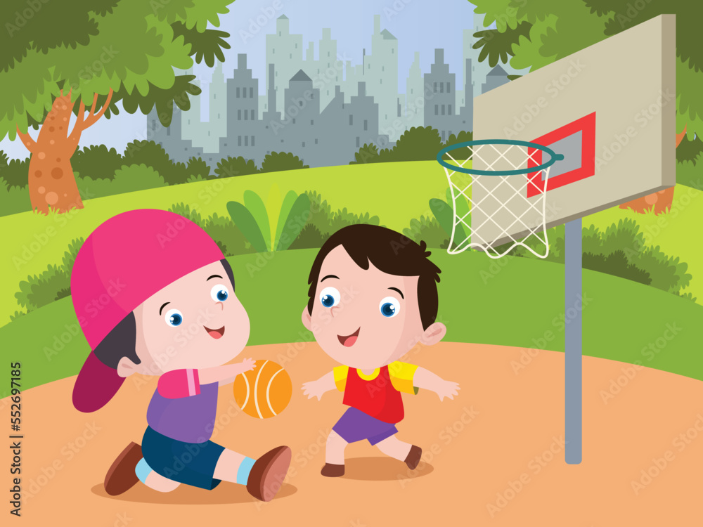 Little boy cartoon playing basketball together at the park Stock Vector ...