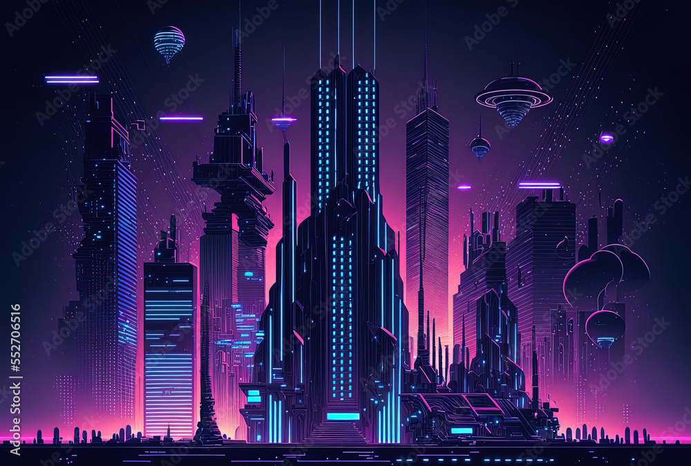 Raster representation of a contemporary metropolis at night cyberpunk ...