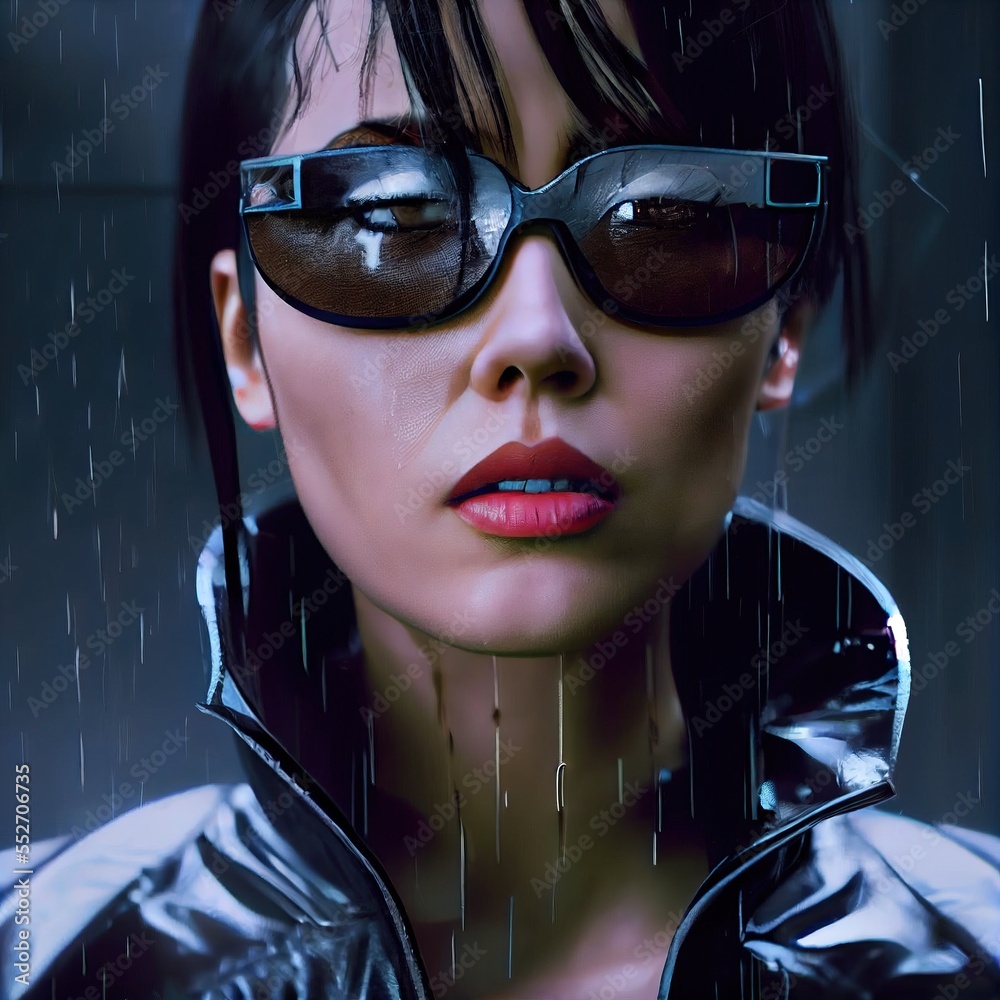 Portrait of a beautiful female secret agent in a black leather jacket ...