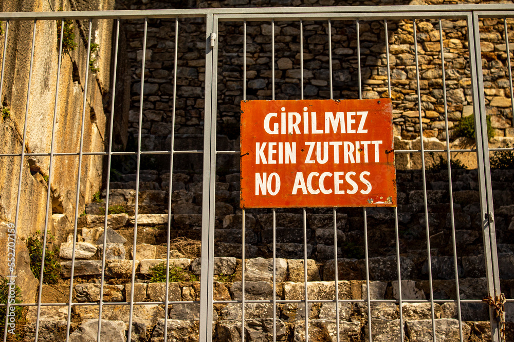 Red signboard with 'No Access'. Stairs and grating Stock Photo | Adobe ...