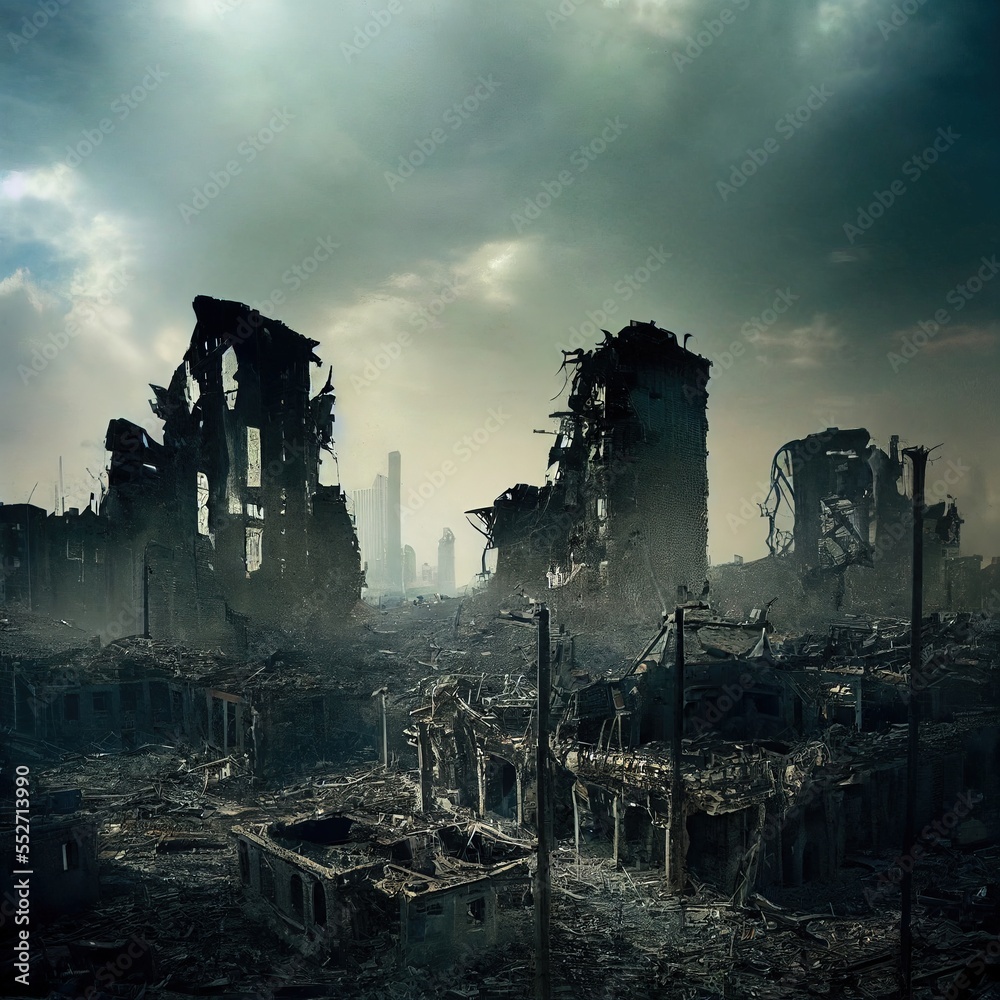 A post-apocalyptic ruined city. Destroyed buildings, destroyed roads ...