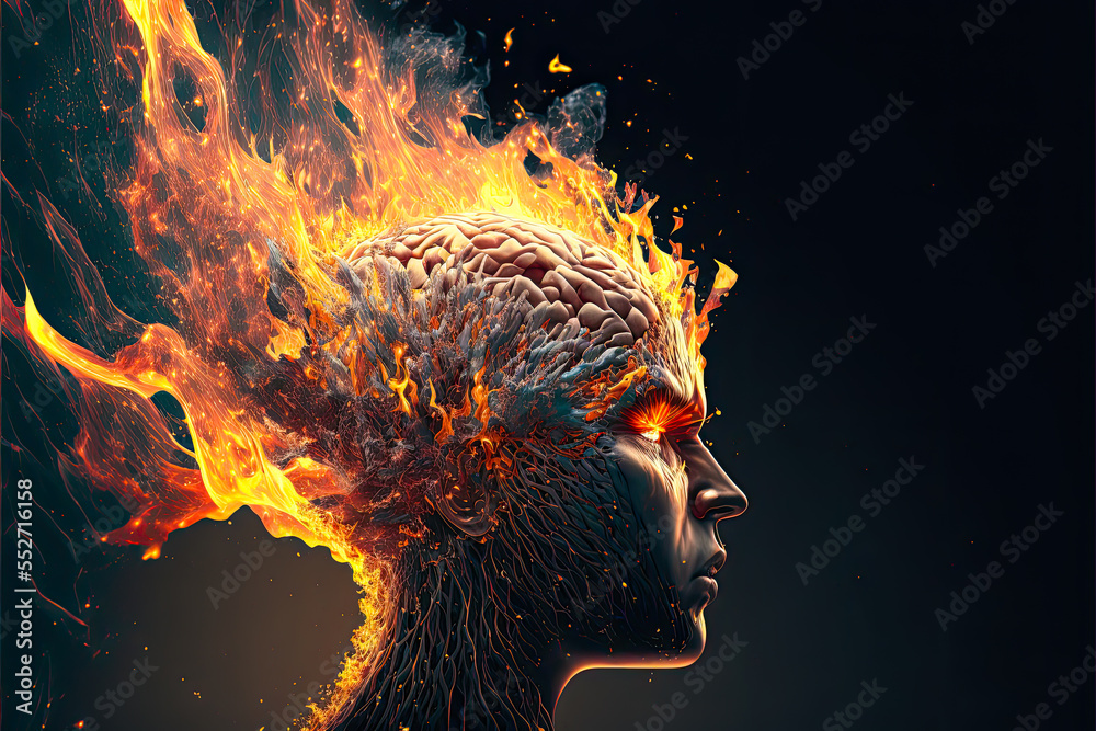 Head on fire, headache concept, mind on fire, profile. Generative AI ...