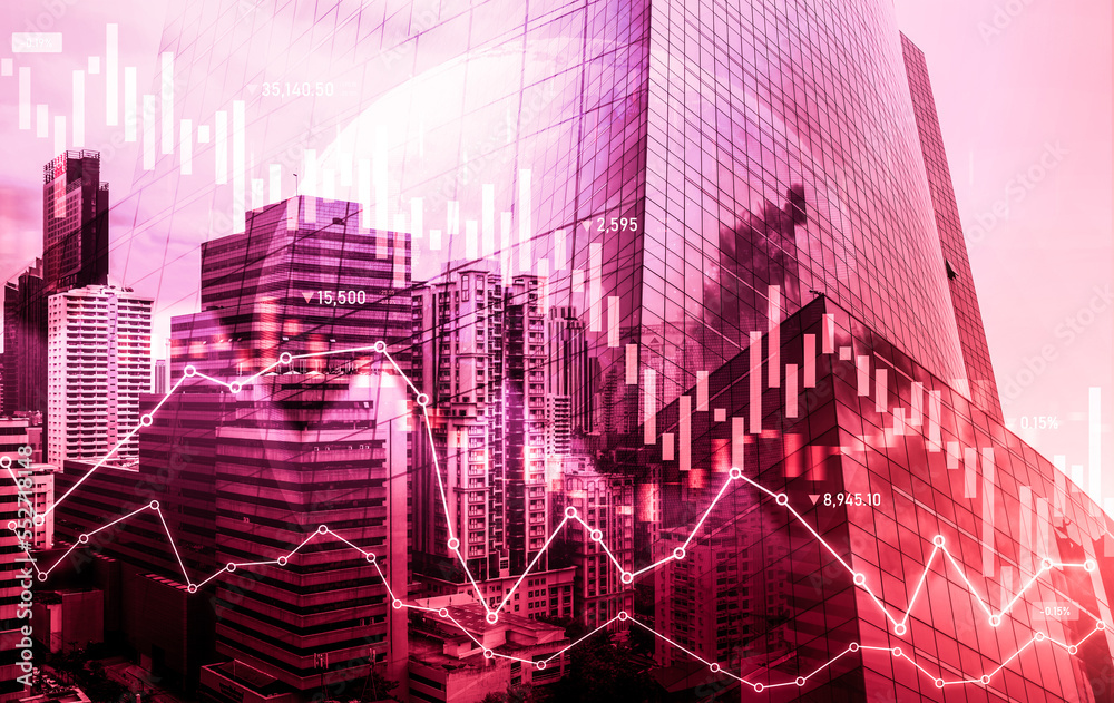 Stock market crash, declined economic, graph falling down and digital ...